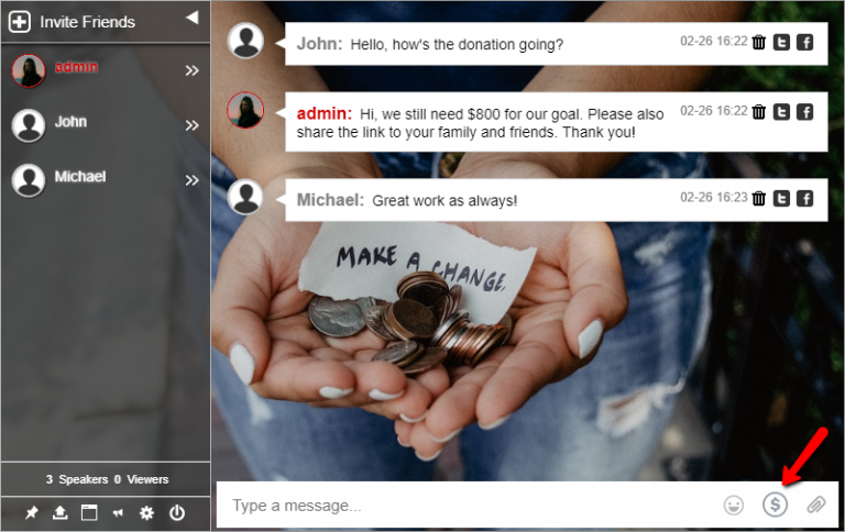 Online donation platform for websites using a group chat